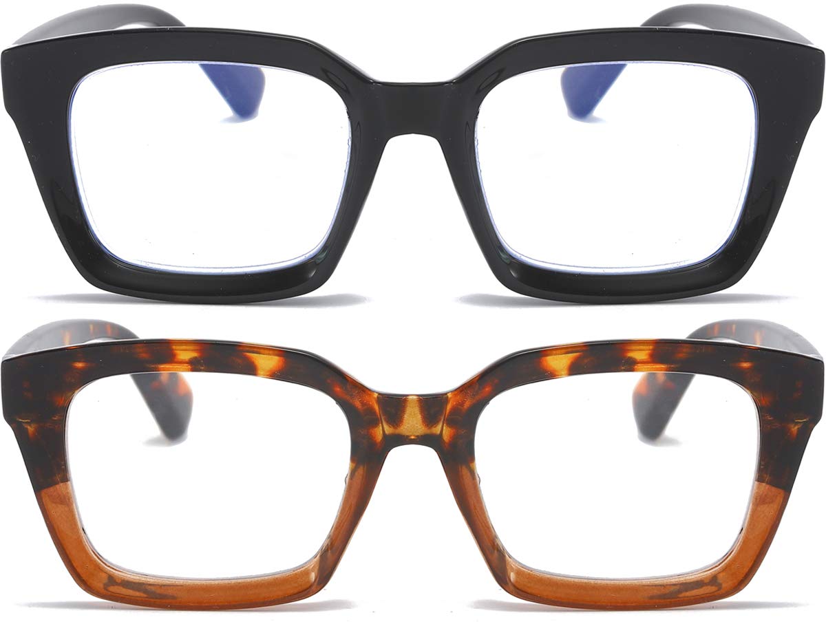 REAVEE 2 Pack Oprah Style Oversized Reading Glasses for Women Men Blue Light Blocking, Ladies Stylish Retro Square Large Computer Readers (Black/Leopard 1.5x)