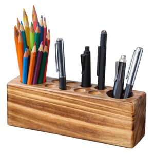 hoffengwell pen holder for desk rustic wooden pencil holder for desk, solid wood desk pen organizer, fountain pen holder - stylish vintage design - perfect desk organization solution