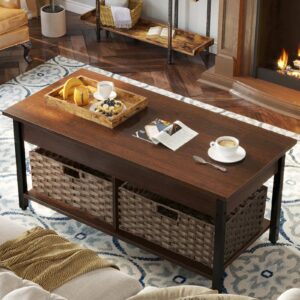 Rolanstar Lift Top Coffee Table with Hidden Storage Compartment and 2 Rattan Baskets, 41.7" Retro Central Table with Wooden Lift Tabletop and Metal Frame for Living Room, Espresso