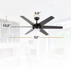 hykolity 52 inch Ceiling Fans with Integrated LED Lights and Remote Control, 6 Blades, 6 Speed, Dimmable, 3CCT, Quiet Reversible Motor, Indoor Modern Ceiling Fan - Black