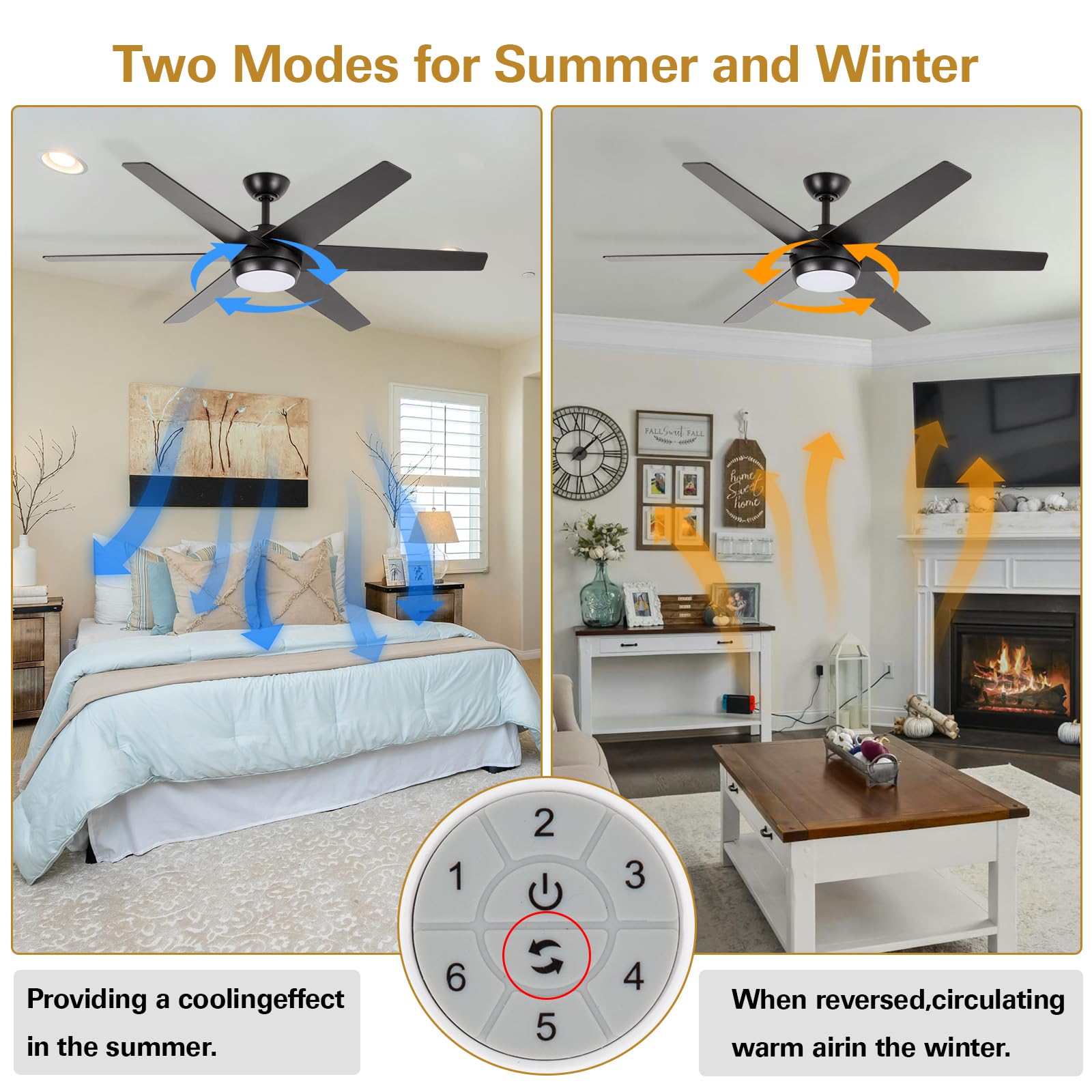 hykolity 52 inch Ceiling Fans with Integrated LED Lights and Remote Control, 6 Blades, 6 Speed, Dimmable, 3CCT, Quiet Reversible Motor, Indoor Modern Ceiling Fan - Black