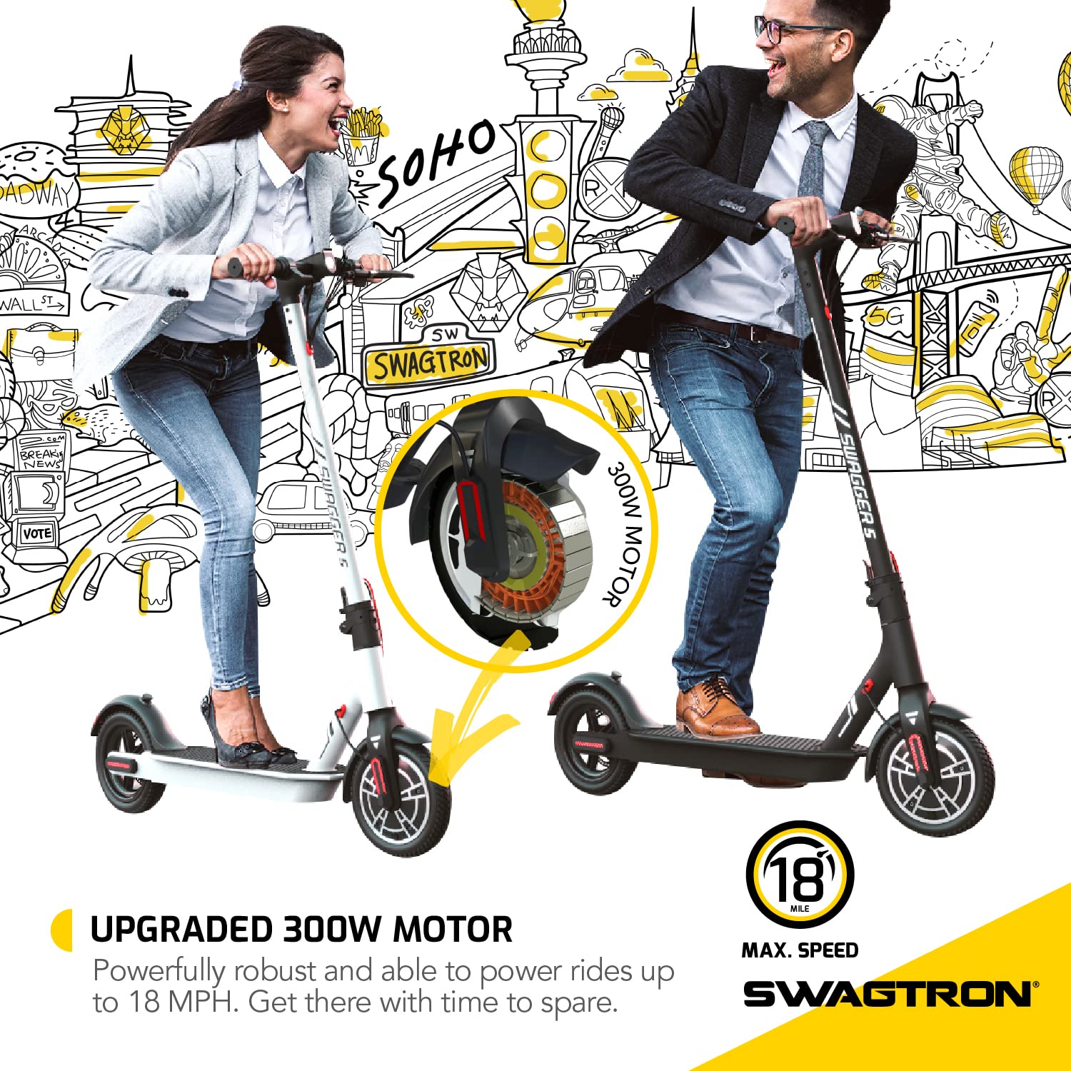 Swagtron SG-5 Swagger 5 Boost Commuter App-Enabled Electric Scooter with Upgraded 300W Motor and 1-Click Quick Folding, Silver