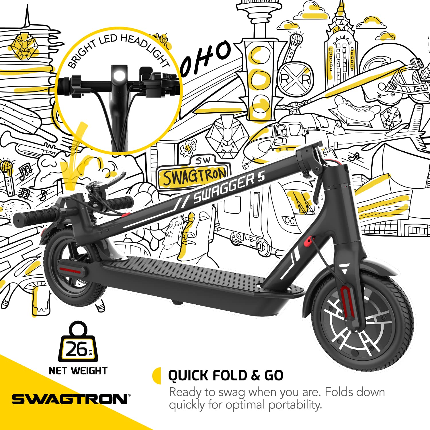 Swagtron SG-5 Swagger 5 Boost Commuter App-Enabled Electric Scooter with Upgraded 300W Motor and 1-Click Quick Folding, Silver