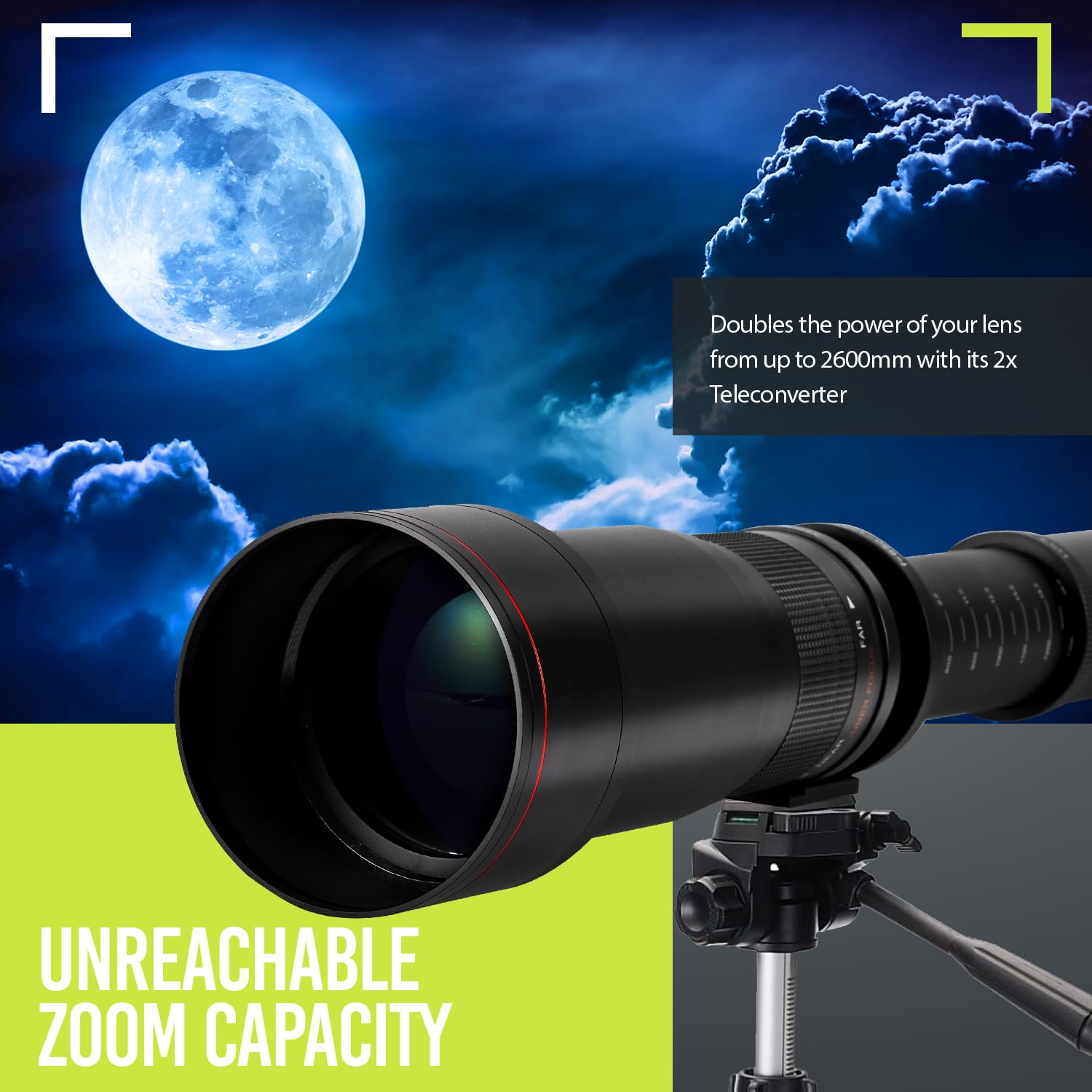 High-Power 650mm-2600mm f/8 Manual Telephoto Lens for Canon Digital EOS Rebel EOS-M, EOS M2, EOS M5, EOS M6, EOS M6 Mark II, EOS M10, EOS M50, EOS M50 II, EOS M100, EOS M200 Cameras