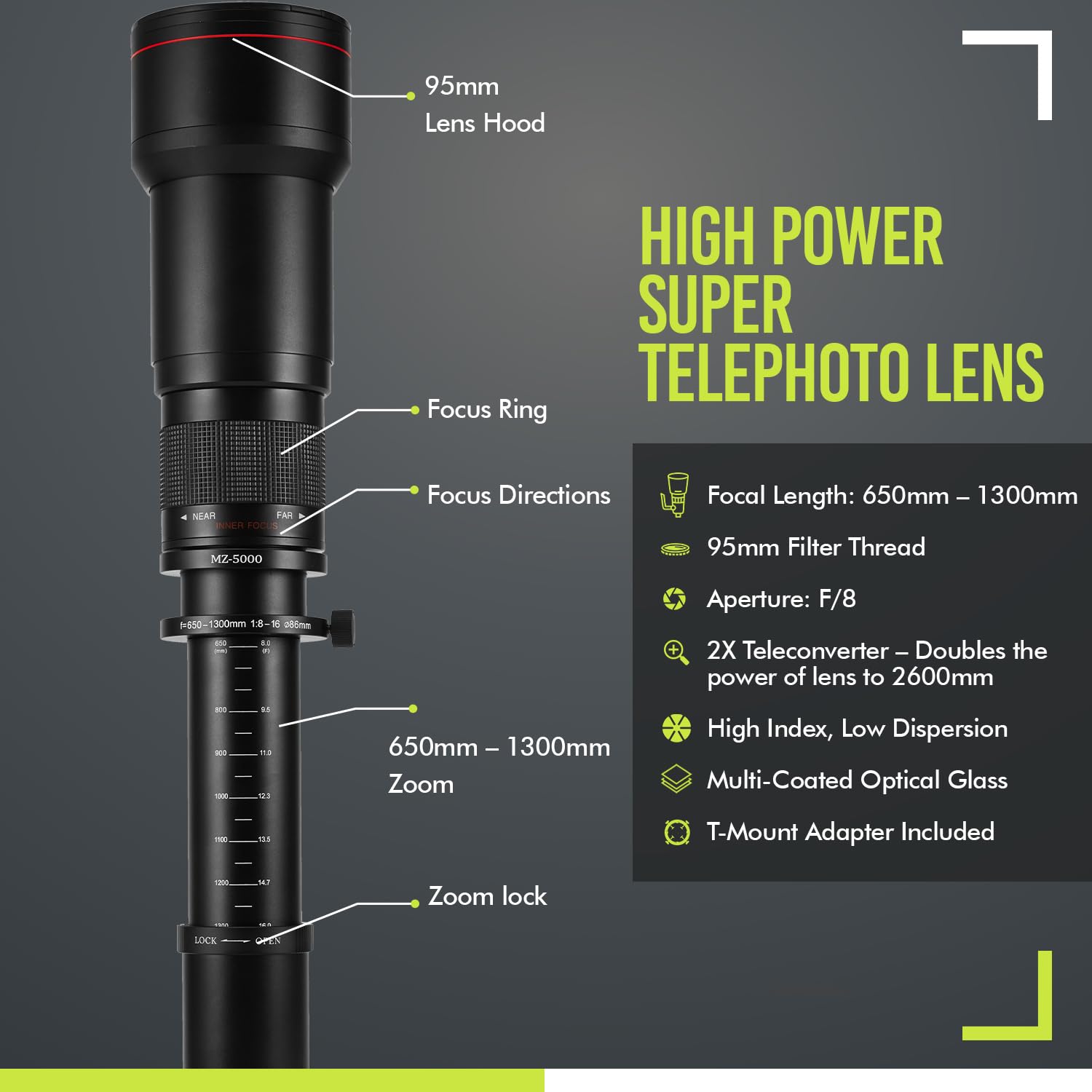 High-Power 650mm-2600mm f/8 Manual Telephoto Lens for Canon Digital EOS Rebel EOS-M, EOS M2, EOS M5, EOS M6, EOS M6 Mark II, EOS M10, EOS M50, EOS M50 II, EOS M100, EOS M200 Cameras