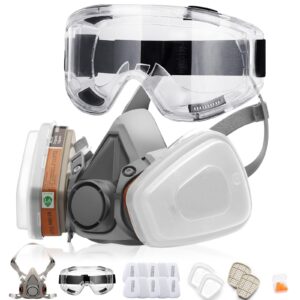 ranksing professional 6200 half facepiece reusable respirator active carbon set with anti-fog safety goggle 10 filters 2 cartridges 2 earplugs 2 covers for dust/organic vapors/smells/fumes/sawdust/asbestos for painting,staining,spraying,sanding,cutting,po