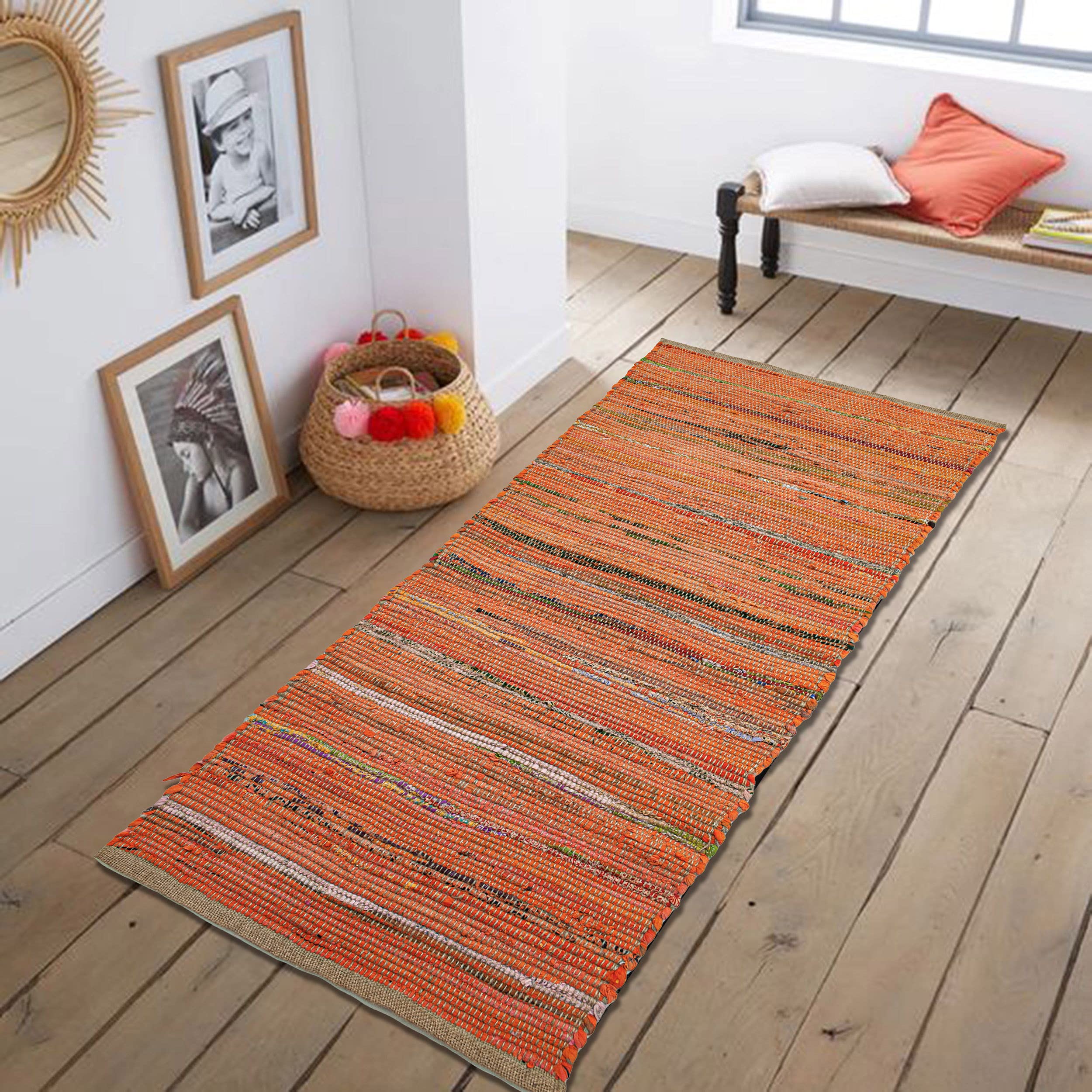 Chardin home Jute & Rust Cotton Rags Runner Rug. Boho Farmhouse Country Home Decor Long Rug Reversible mat | 2x5 feet Orange/Jute