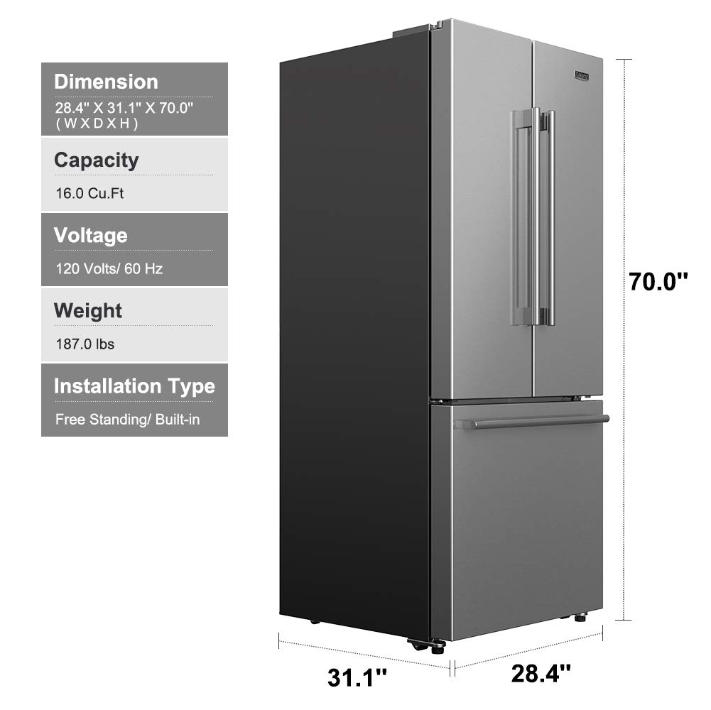 Galanz GLR16FS2K16 3 French Door Refrigerator with Bottom Freezer & Installed Ice Maker, 16 cu ft, Stainless Steel