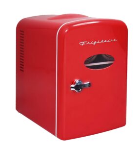 curtis efmis151 frigidaire mini portable compact personal fridge, 4 liter capacity, 6 cans, makeup, skincare, freon-free & eco friendly, includes home plug & 12v car charger, red