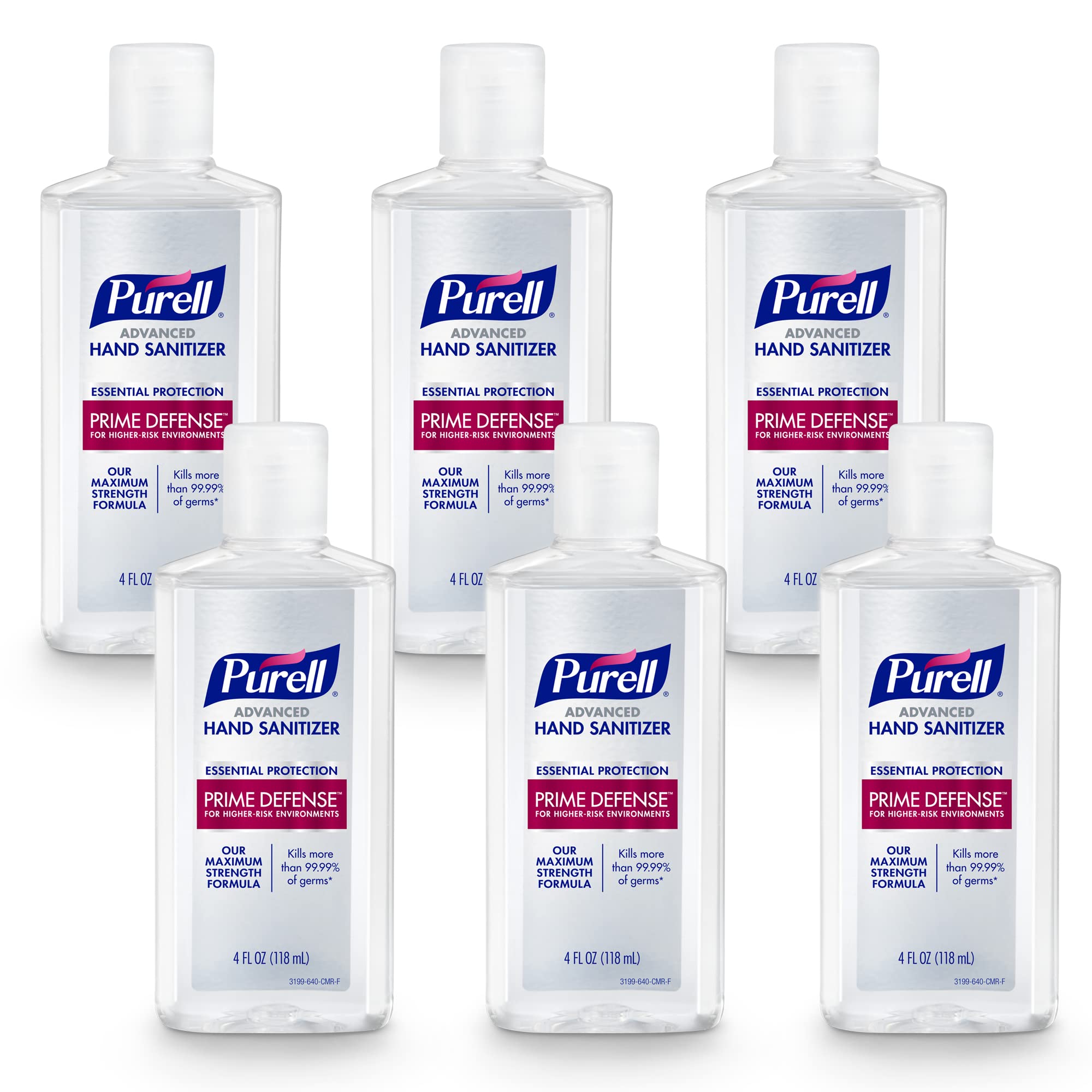 PURELL PRIME DEFENSE Advanced Hand Sanitizer, 85%, Maximum Strength Formula, 4 fl oz Travel Size Bottles (Pack of 6), 3499-04-EC