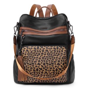 cluci backpack purse for women leather fashion travel designer large ladies shoulder bags with tassel black with leopard