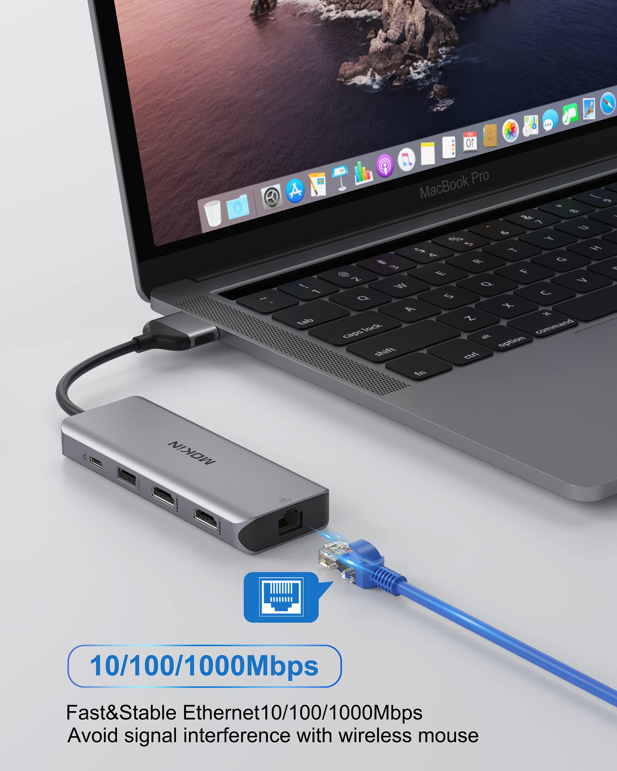 MacBook Pro Docking Station Dual Monitor MacBook Pro HDMI Adapter,9 in 1 USB C Adapters for MacBook Pro Air Mac HDMI Dock Dongle Dual USB C to Dual HDMI Ethernet 3USB SD/TF100W PD