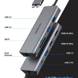 MacBook Pro Docking Station Dual Monitor MacBook Pro HDMI Adapter,9 in 1 USB C Adapters for MacBook Pro Air Mac HDMI Dock Dongle Dual USB C to Dual HDMI Ethernet 3USB SD/TF100W PD