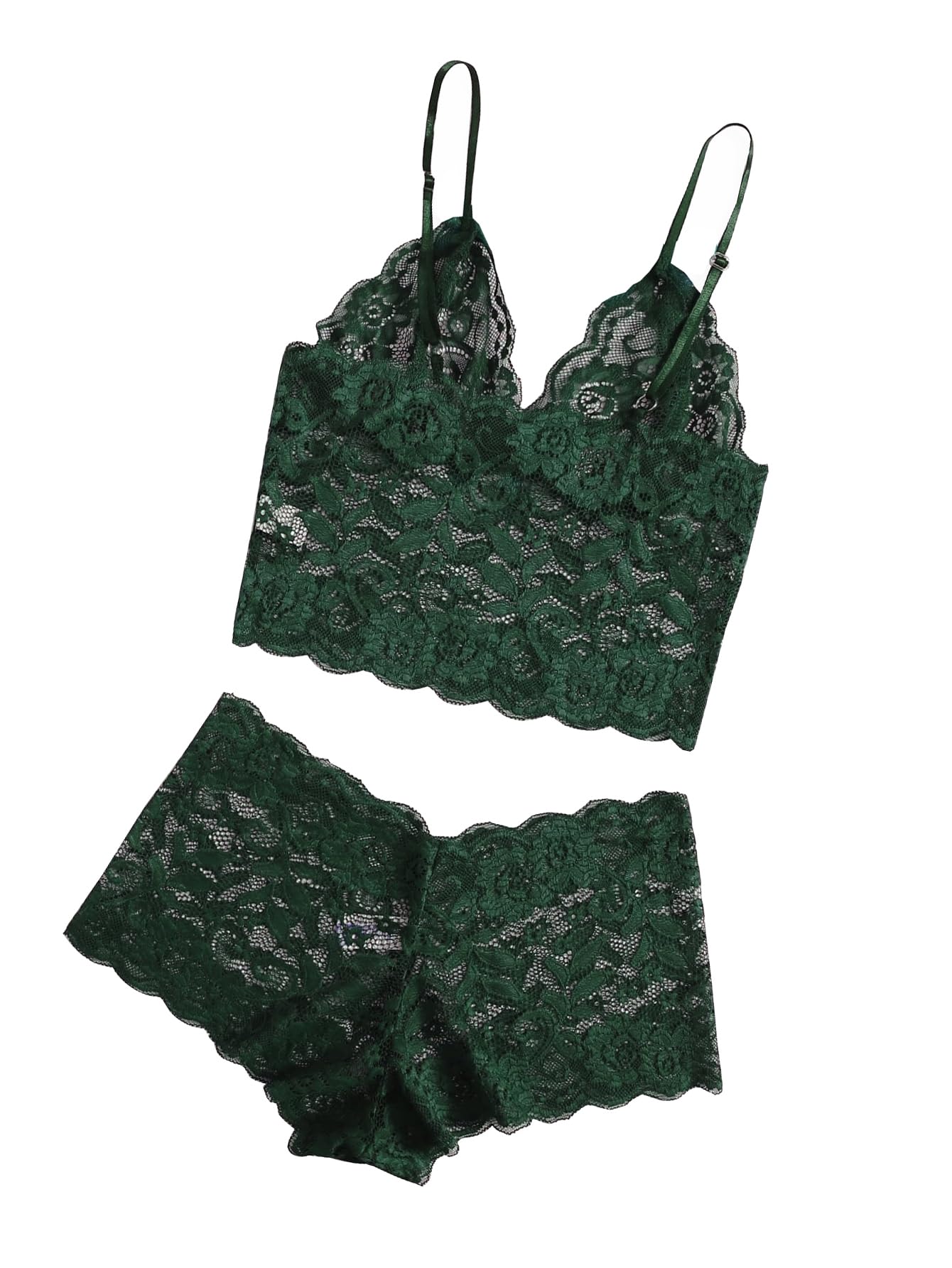 Lilosy Sexy Women Floral Lace Pajamas Lingerie Set High Waist Sheer Sleepwear See Through Nightwear Cami Shorts Bra and Panty 2 Piece Army Green Large