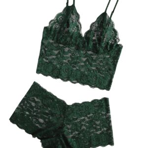 Lilosy Sexy Women Floral Lace Pajamas Lingerie Set High Waist Sheer Sleepwear See Through Nightwear Cami Shorts Bra and Panty 2 Piece Army Green Large