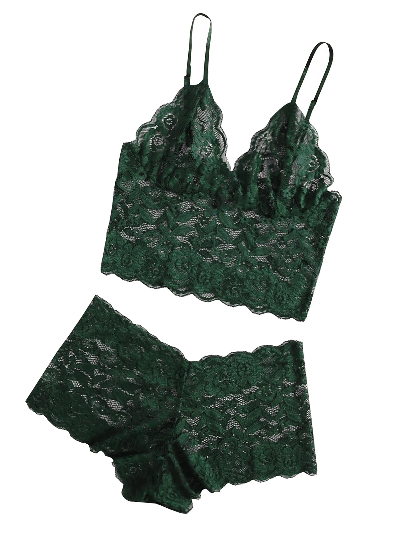 Lilosy Sexy Women Floral Lace Pajamas Lingerie Set High Waist Sheer Sleepwear See Through Nightwear Cami Shorts Bra and Panty 2 Piece Army Green Large