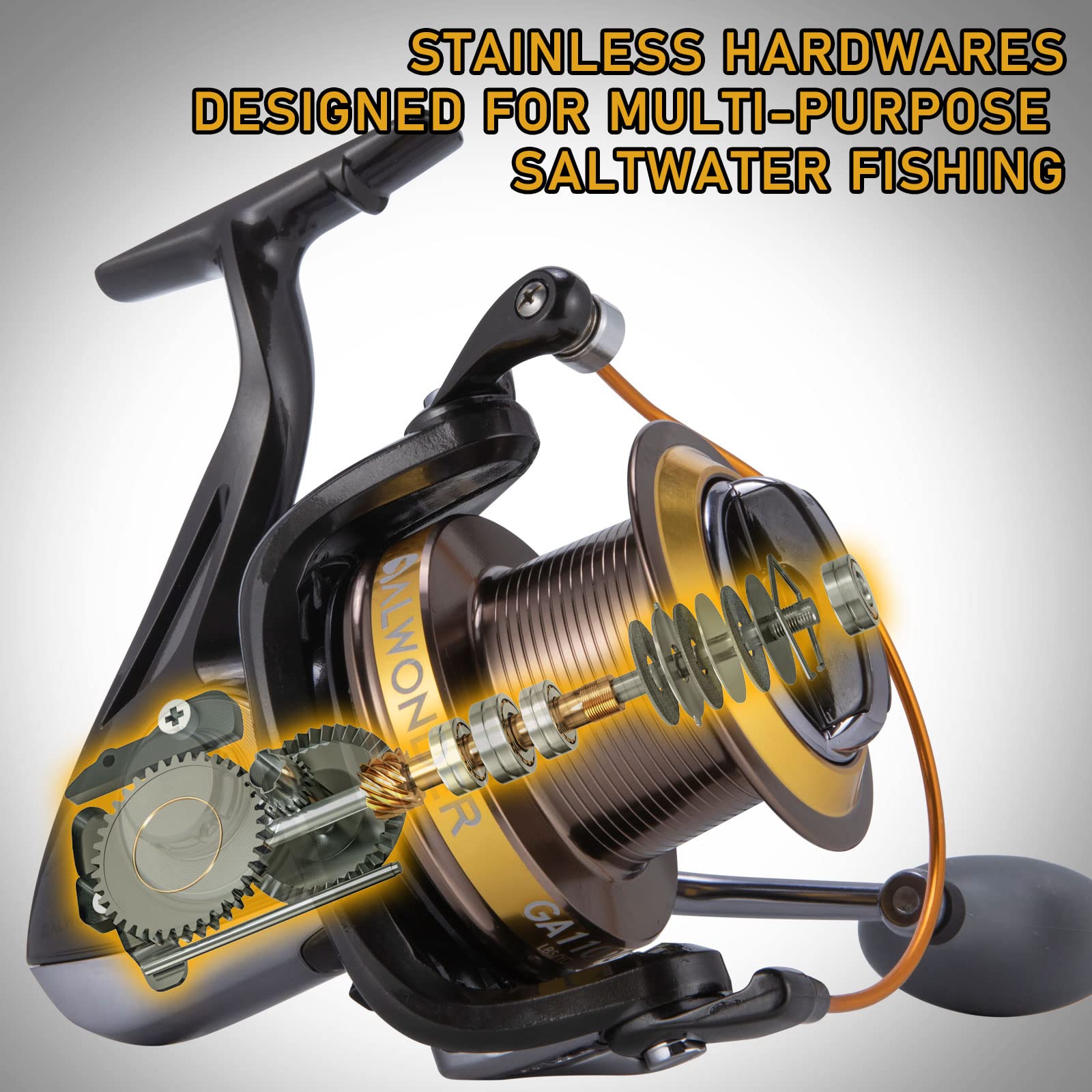 Alwonder Saltwater 10000 Spinning Reel for Surf Casting, 11+1 Stainless BB, 31 LB Drag, Graphite Body Long Casting Big Game Aluminum Spool Ocean Fishing Reel