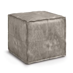 simplihome brody square pouf, footstool, upholstered in distressed grey faux leather, for the living room, bedroom and kids room, transitional, boho