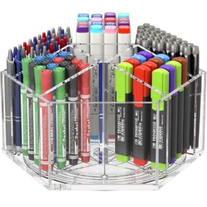 niubee acrylic pen pencil holder 7 compartments, multi-capacity marker storage art supply organizer, 360° rotating clear pencil cup