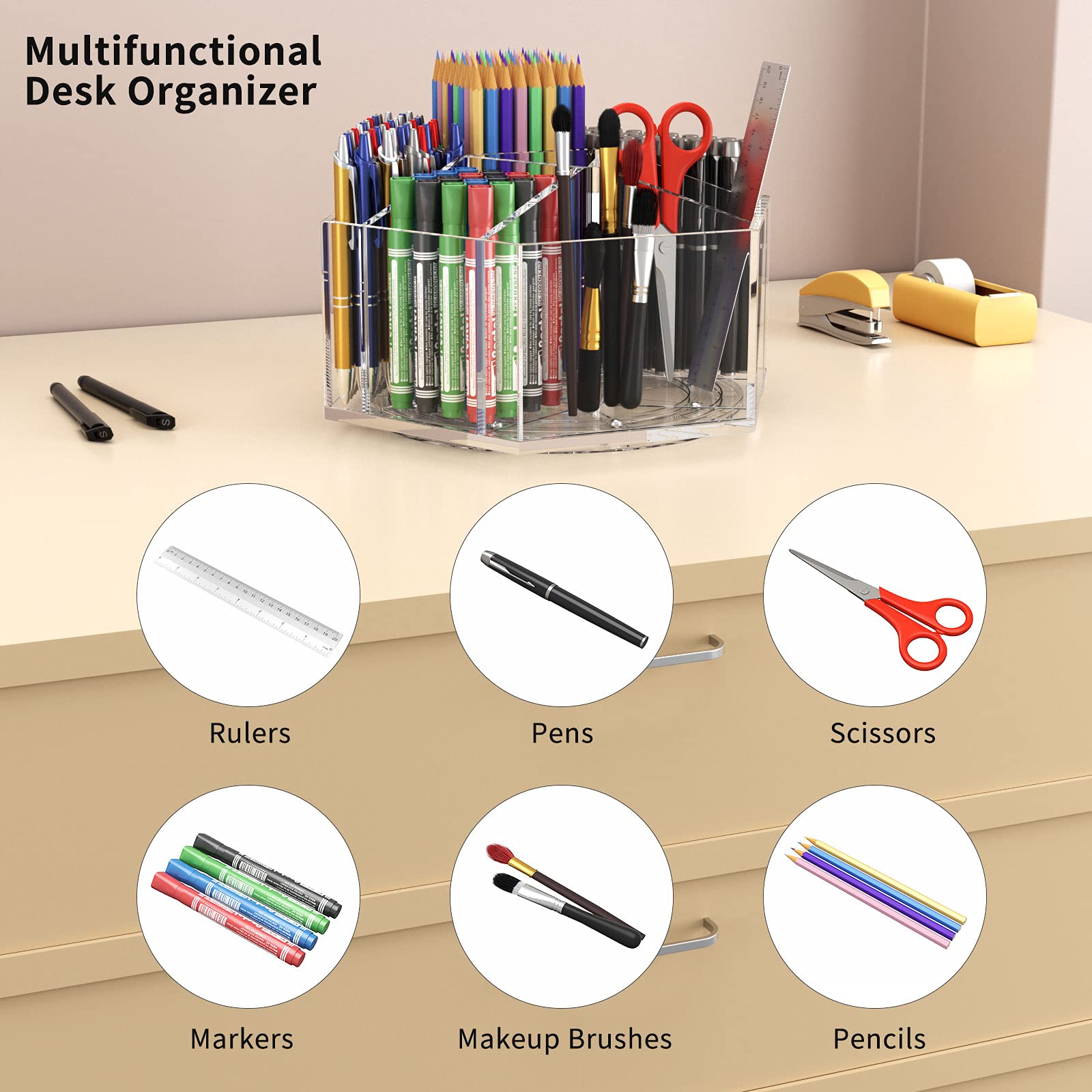 NIUBEE Acrylic Pen Pencil Holder 7 Compartments, Multi-capacity Marker Storage Art Supply Organizer, 360° Rotating Clear Pencil Cup