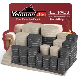 yelanon felt furniture pads - 216 pcs furniture pads hardwoods floors self adhesive, cuttable felt chair pads, anti scratch floor protectors for furniture feet chair legs, beige & black