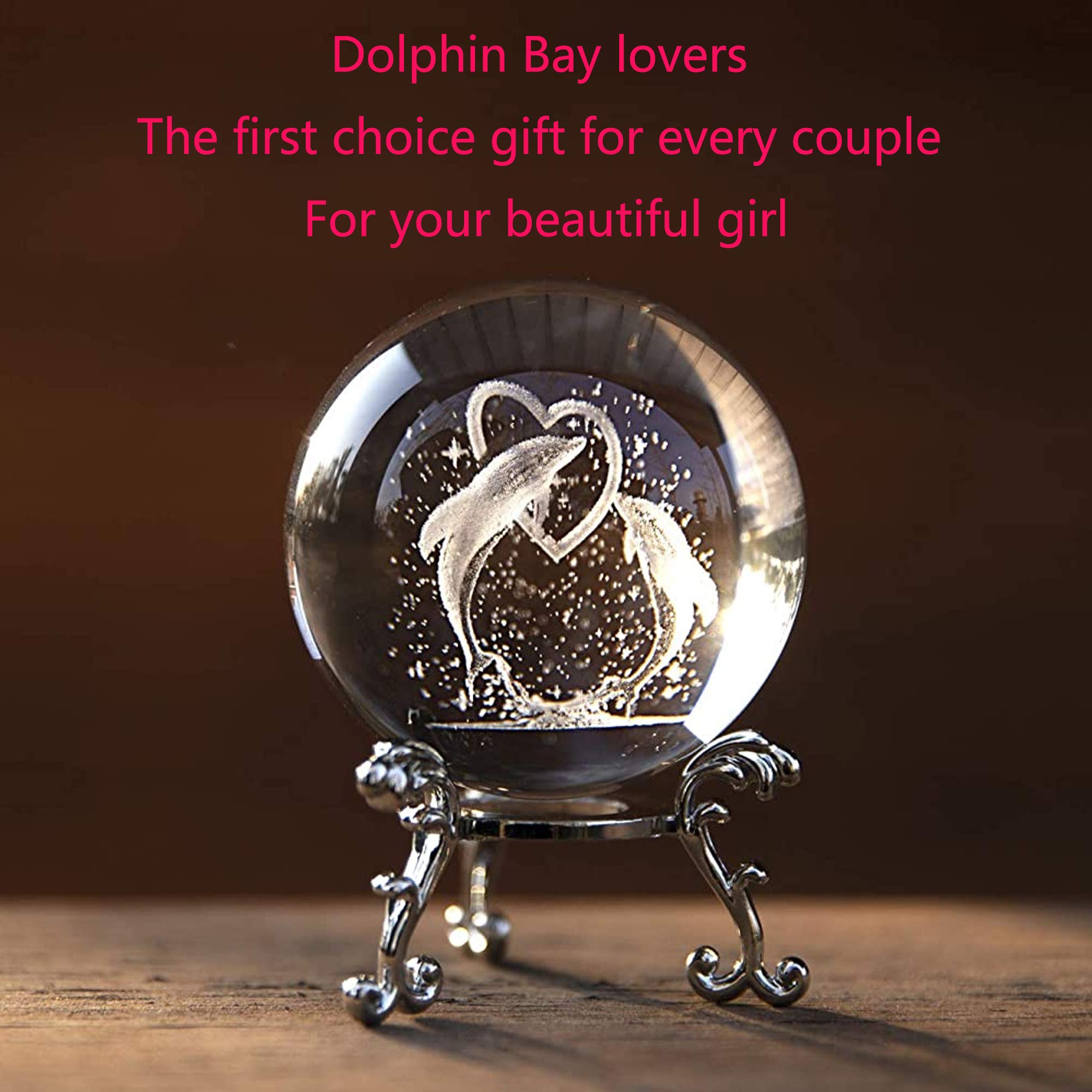 HDCRYSTALGIFTS 3D Dolphin Crystal Ball Paperweight Figurines- Dolphin Gifts Crystal Ball with Stand, Valentine's Day,Birthday Gift