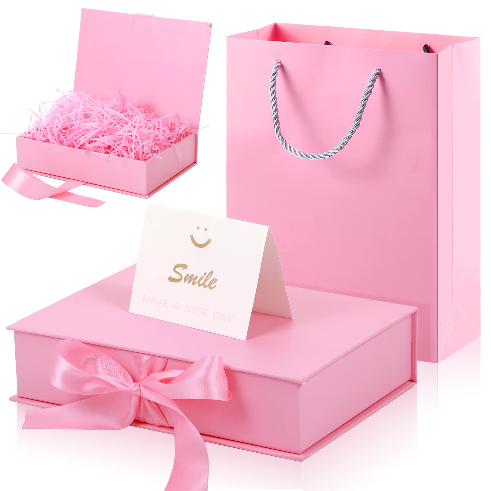 Zonon Gift Box with Lid and Ribbon 9 x 7 x 3'' Luxury Packaging Box Greeting Card and Tissue Paper for Wedding Birthday Graduation Fathers Day Gift Packaging (Pink)