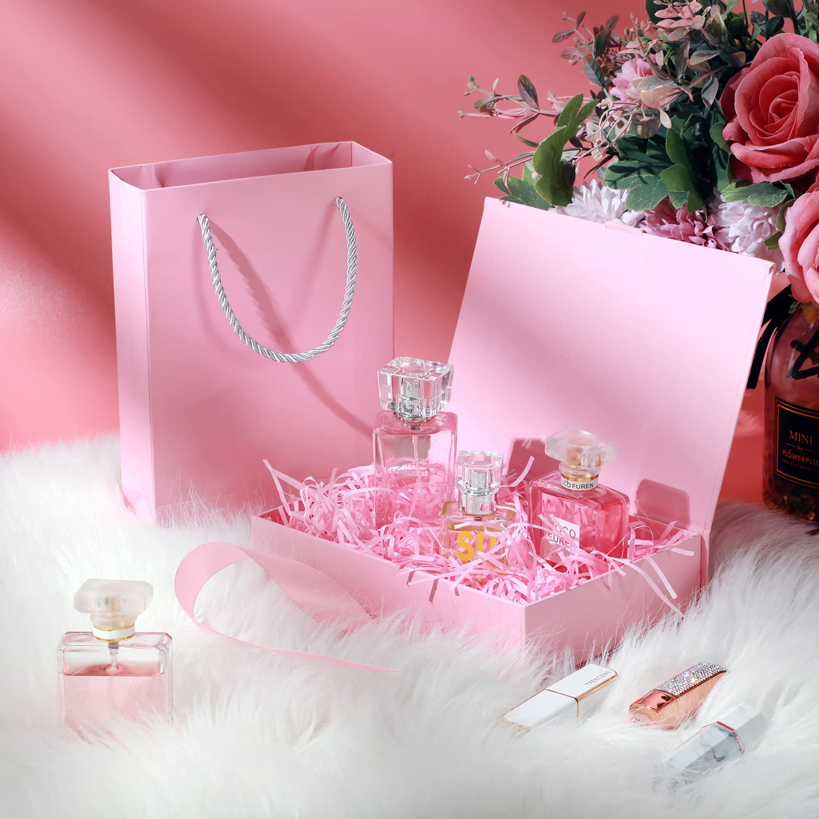 Zonon Gift Box with Lid and Ribbon 9 x 7 x 3'' Luxury Packaging Box Greeting Card and Tissue Paper for Wedding Birthday Graduation Fathers Day Gift Packaging (Pink)