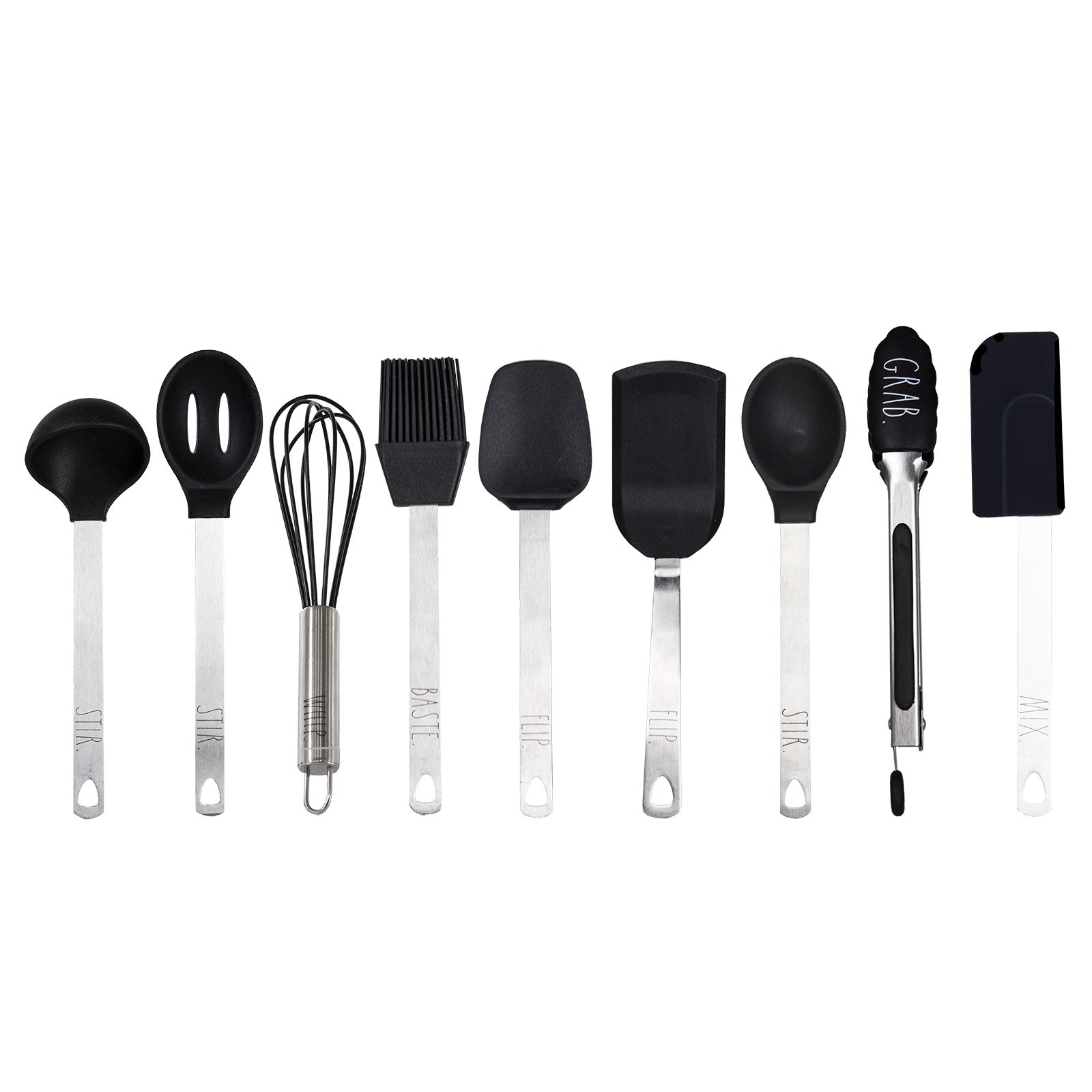 Rae Dunn Everyday Collection 9 Piece Mini Kitchen Utensil Set- Stainless Steel and Silicone Kitchen Tools- (Black)