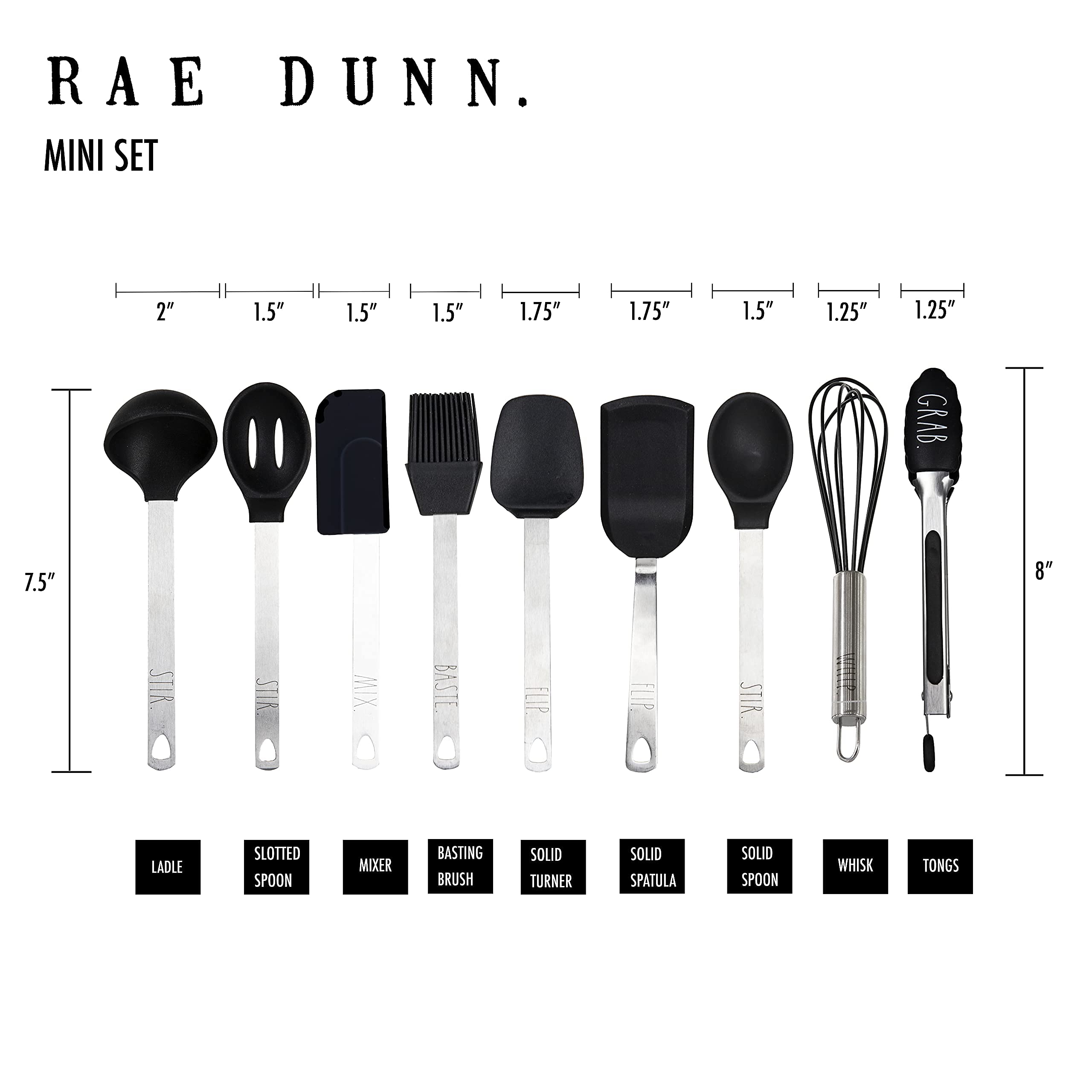 Rae Dunn Everyday Collection 9 Piece Mini Kitchen Utensil Set- Stainless Steel and Silicone Kitchen Tools- (Black)