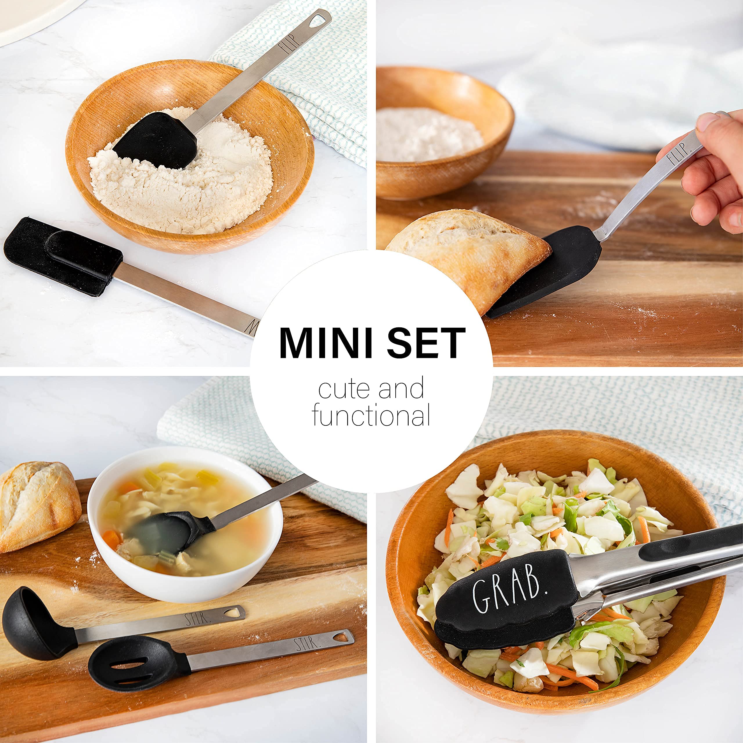 Rae Dunn Everyday Collection 9 Piece Mini Kitchen Utensil Set- Stainless Steel and Silicone Kitchen Tools- (Black)