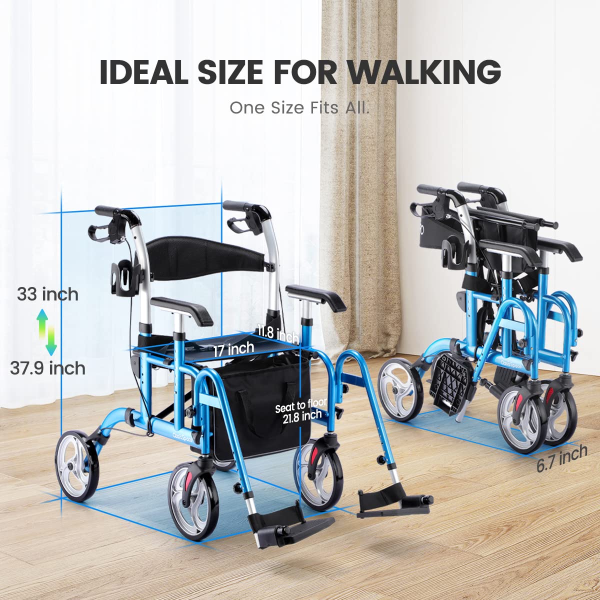 OasisSpace 2 in 1 Rollator Walker with Footrest - Transport Walker Chair with 10 inch Wheels, Walker with Cup Holder for Adult