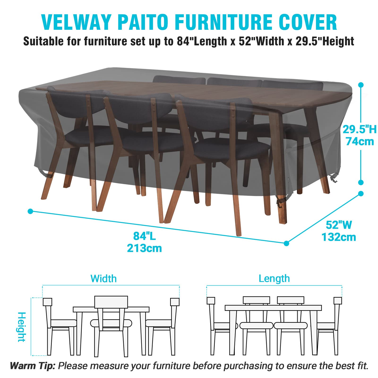 Velway Patio Table Cover Rectangle Waterproof Patio Furniture Cover for Outdoor Table and Chairs 84”Lx52”Wx29”H Oxford Dining Table Cover Tear-Resistant Wind Dust Proof Furniture Set Covers for Winter