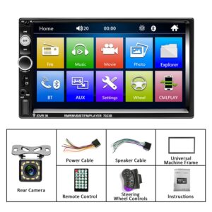 Double Din Car Stereo FM Receiver 7" Touch Screen Radio Bluetooth Head Units for Cars with SWC/Remote Control Support USB/AUX/TF Card Mirror Link for Android & iOS+ Backup Camera & Frame