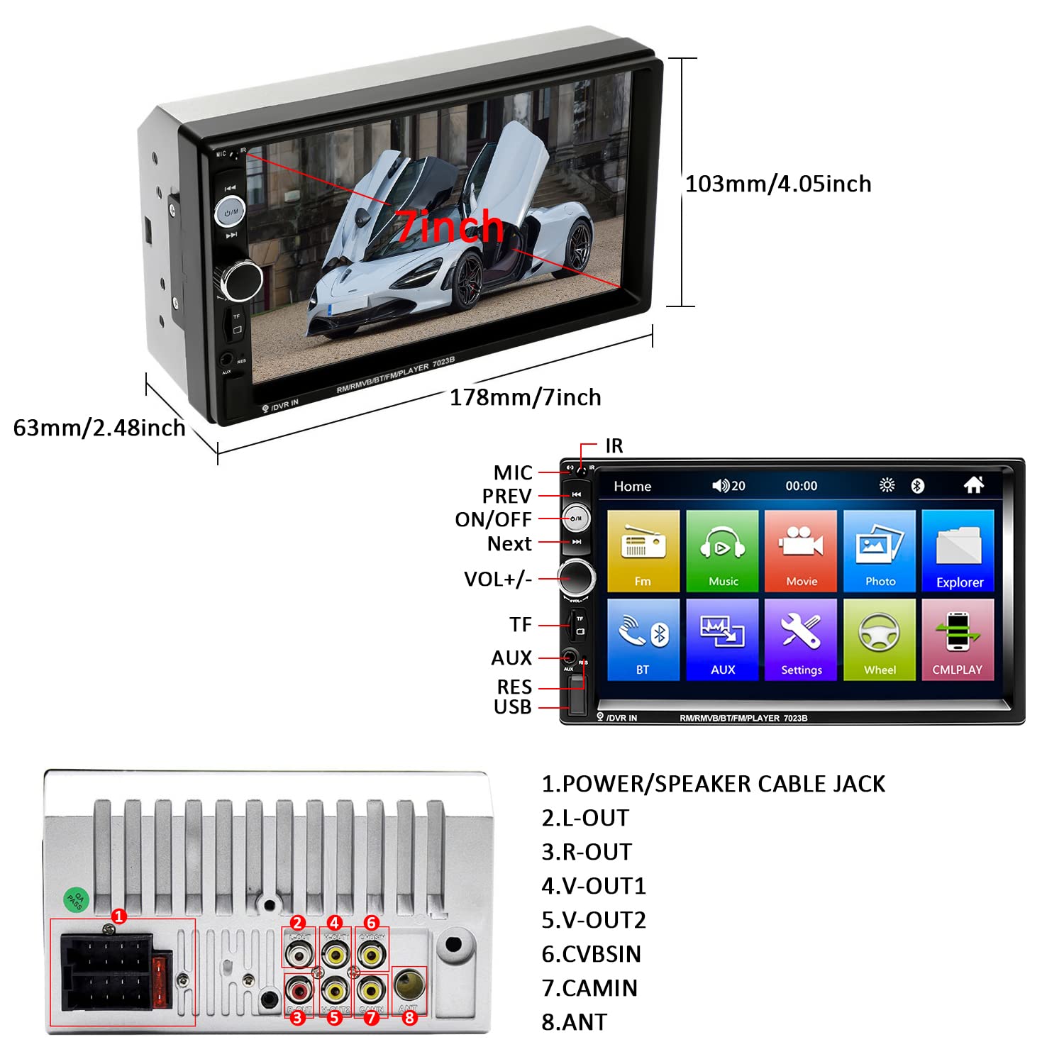 Double Din Car Stereo FM Receiver 7" Touch Screen Radio Bluetooth Head Units for Cars with SWC/Remote Control Support USB/AUX/TF Card Mirror Link for Android & iOS+ Backup Camera & Frame