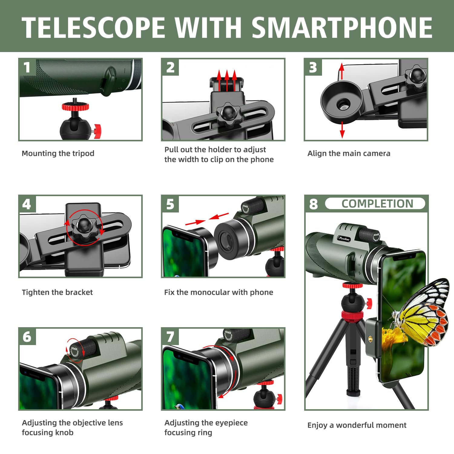 40X60 Monocular Telescope with Smartphone Holder & Tripod, 2023 Power Prism Compact Monoculars for Adults Kids, HD Monocular Scope for Bird Watching Hiking Concert Travelling