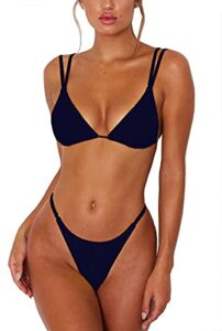 forbeautyshe women black bikini set solid padded push up triangle high cut thong two piece swimsuit m