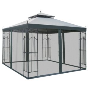 outsunny 10' x 10' patio gazebo with corner frame shelves, double roof outdoor gazebo canopy shelter with netting for patio, wedding, catering & events, gray