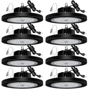 ledmo ufo led high bay lights 100w 14000lm 600w hps/mh replacement 5000k 100-277v commercial outdoor high bay shop lights for workshop|garage|warehouse(8 pack)