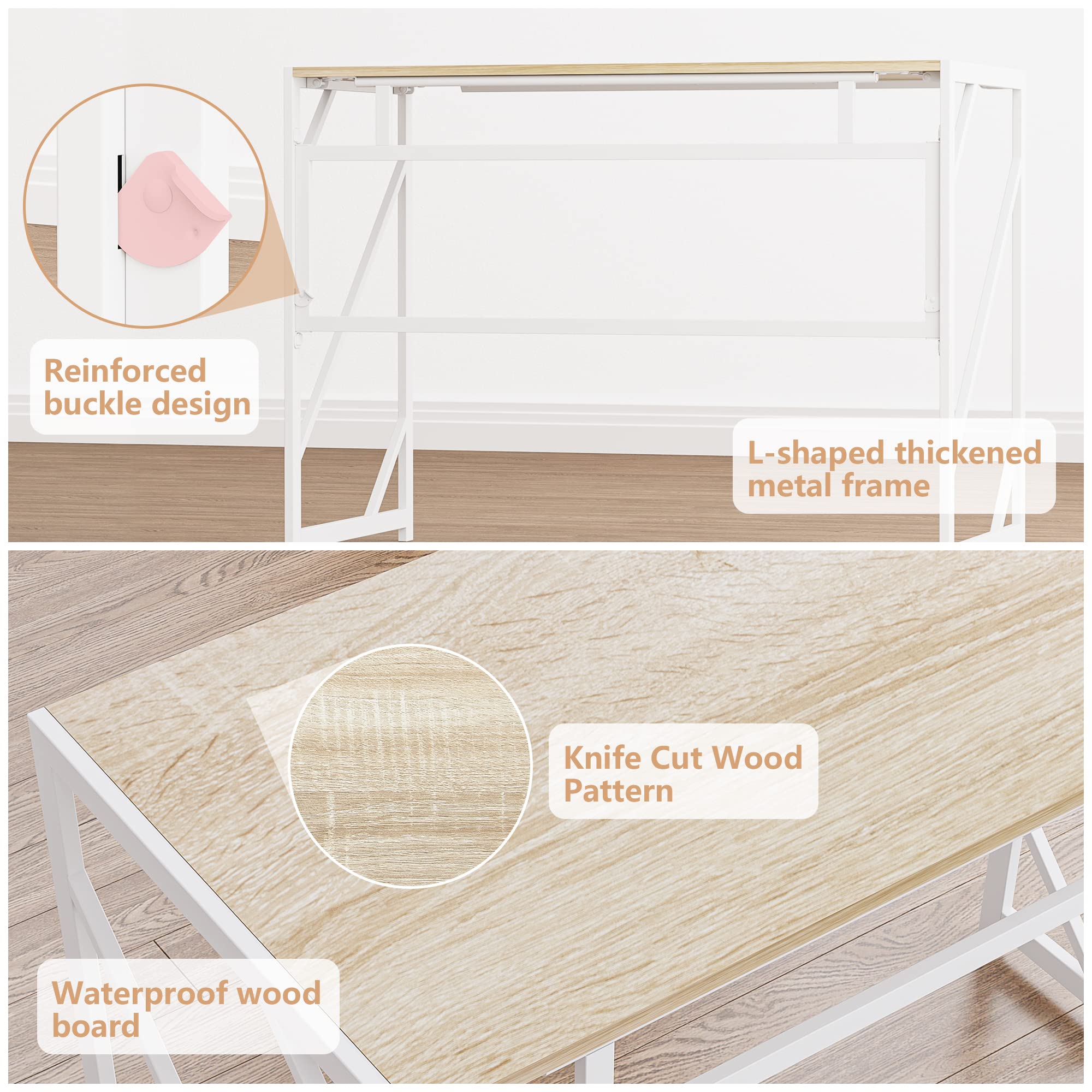 Elephance Folding Desk Writing Computer Desk for Home Office, No-Assembly Study Office Desk Foldable Table for Small Spaces