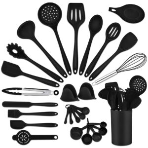 black kitchen utensils silicone cooking utensil set, p&p chef 28pcs baking utensils spatulas with holder, heat-resistant & non toxic, non-stick & dishwasher safe