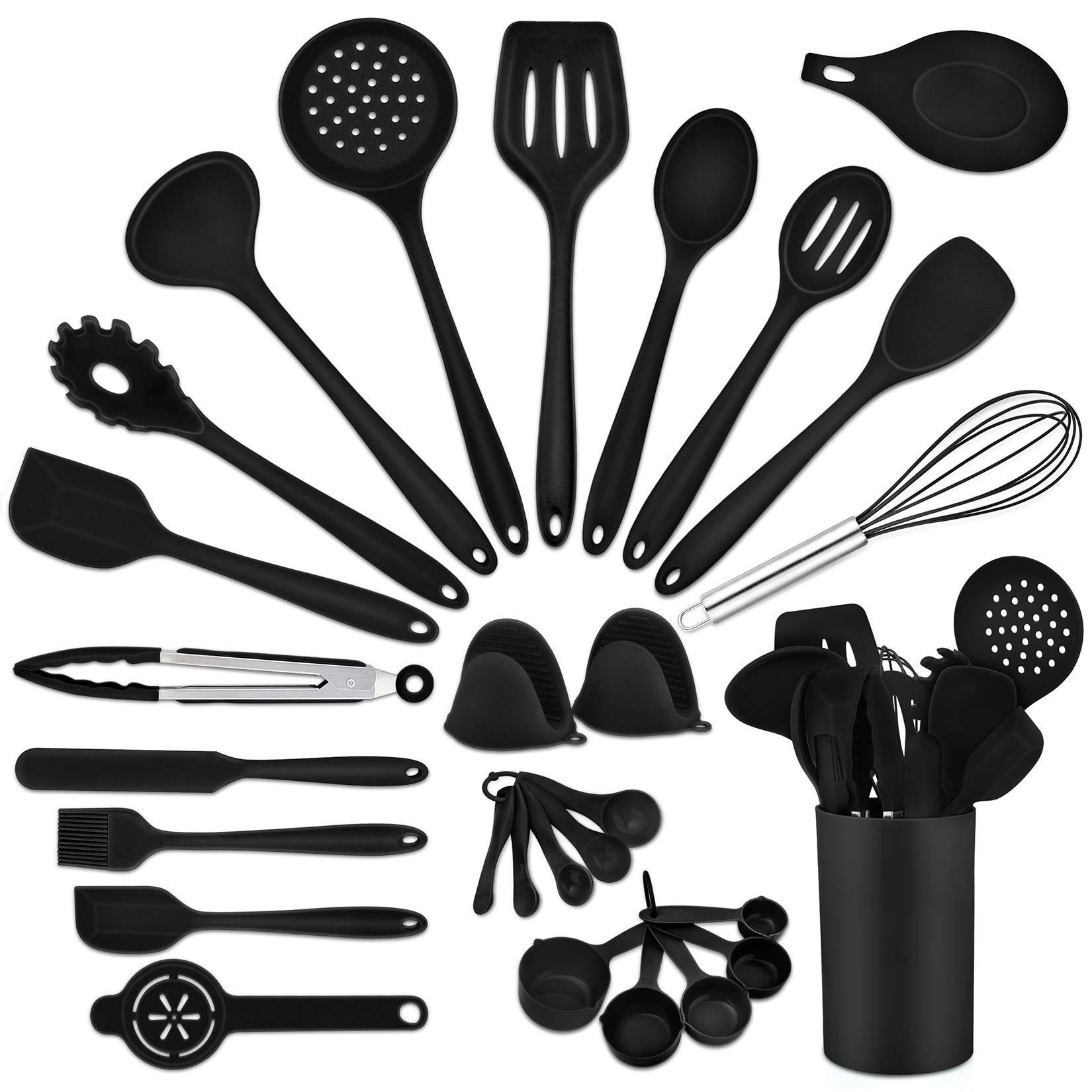 Black Kitchen Utensils Silicone Cooking Utensil Set, P&P CHEF 28Pcs Baking Utensils Spatulas with Holder, Heat-resistant & Non Toxic, Non-stick & Dishwasher Safe