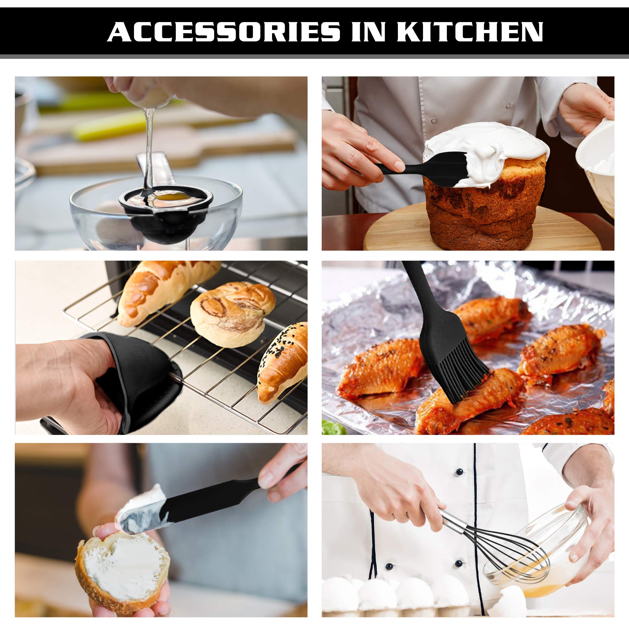 Black Kitchen Utensils Silicone Cooking Utensil Set, P&P CHEF 28Pcs Baking Utensils Spatulas with Holder, Heat-resistant & Non Toxic, Non-stick & Dishwasher Safe