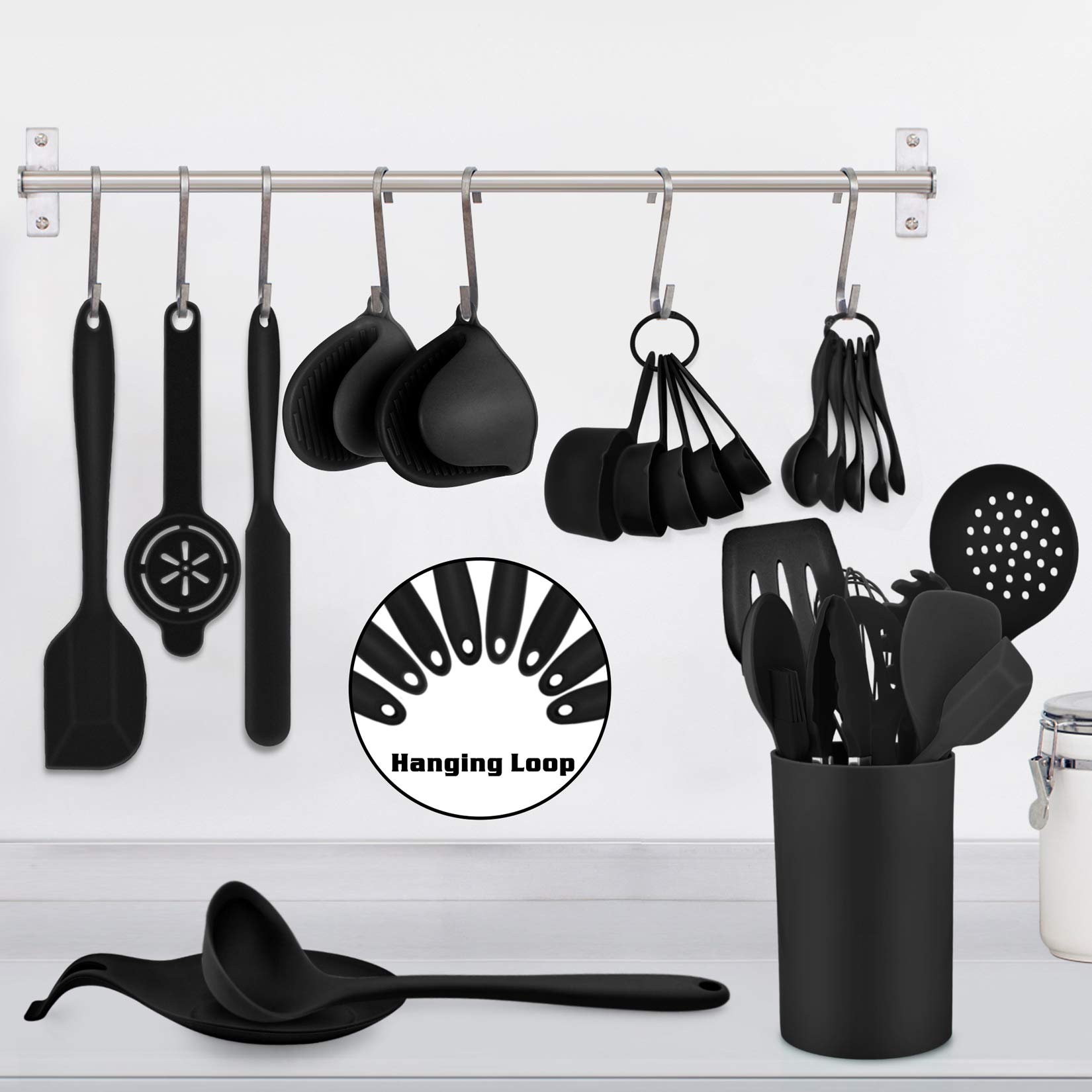 Black Kitchen Utensils Silicone Cooking Utensil Set, P&P CHEF 28Pcs Baking Utensils Spatulas with Holder, Heat-resistant & Non Toxic, Non-stick & Dishwasher Safe