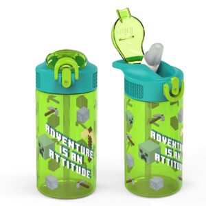 zak designs kids durable plastic spout cover and built-in carrying loop, leak-proof water design for travel, (16oz, 2pc set), minecraft bottle 2pk