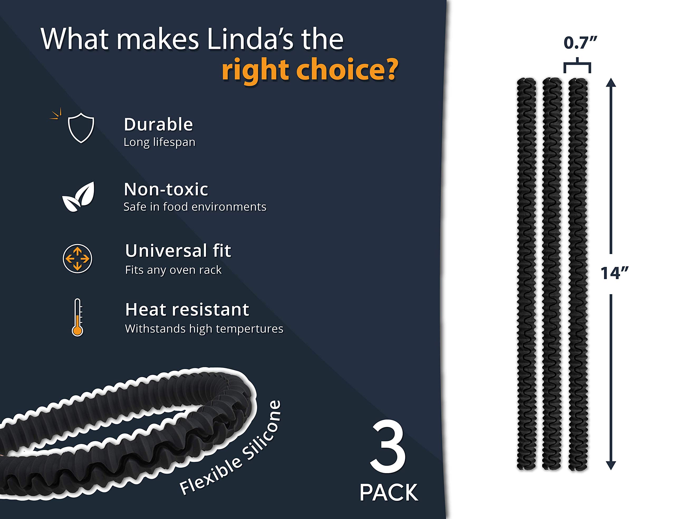 Silicone Oven Rack Shields by Linda’s Essentials (3 Pack) | Heat Resistance Silicone Oven Rack Protectors Guards Against Burns and Scars | 14 Inches Long (Black)