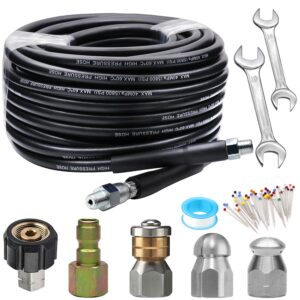 west bay sewer jetter kit 50ft for pressure washer, 5800psi drain cleaner hose 1/4 inch npt, corner, rotating & button nose sewer jetting nozzle with spanner waterproof tape pearl corsage pin