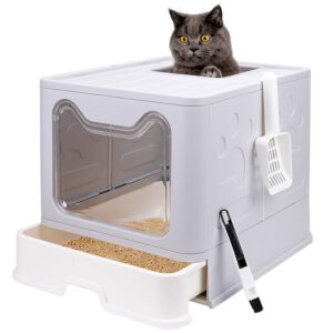 foldable cat litter box with lid, enclosed cat potty, top entry anti-splashing cat toilet, easy to clean including cat litter scoop and 2-1 cleaning brush (grey) large