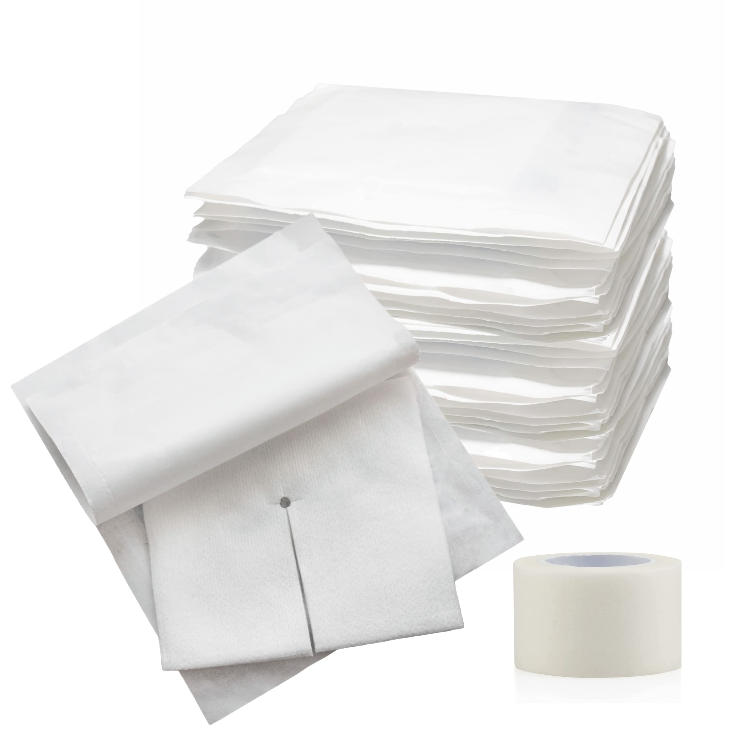 Split Drain Sponge Gauze 4x4 Sterile 6 Ply Pads [Pack of 50] Absorbent Precut 4"X4" Non-Woven Slit Bandage for I.V. Tracheostomy - 25 Packs of 2 Pre Cut Bandages + 1 Roll of Medical Tape