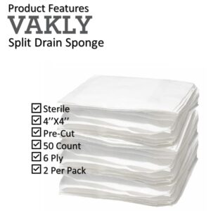 Split Drain Sponge Gauze 4x4 Sterile 6 Ply Pads [Pack of 50] Absorbent Precut 4"X4" Non-Woven Slit Bandage for I.V. Tracheostomy - 25 Packs of 2 Pre Cut Bandages + 1 Roll of Medical Tape